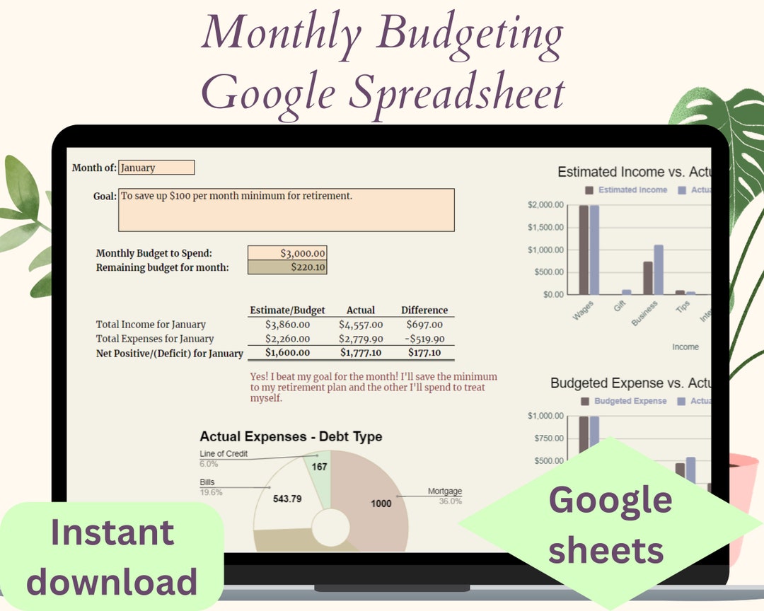 Monthly Budget Spreadsheet Google Sheet, Budget Planner, Finance ...