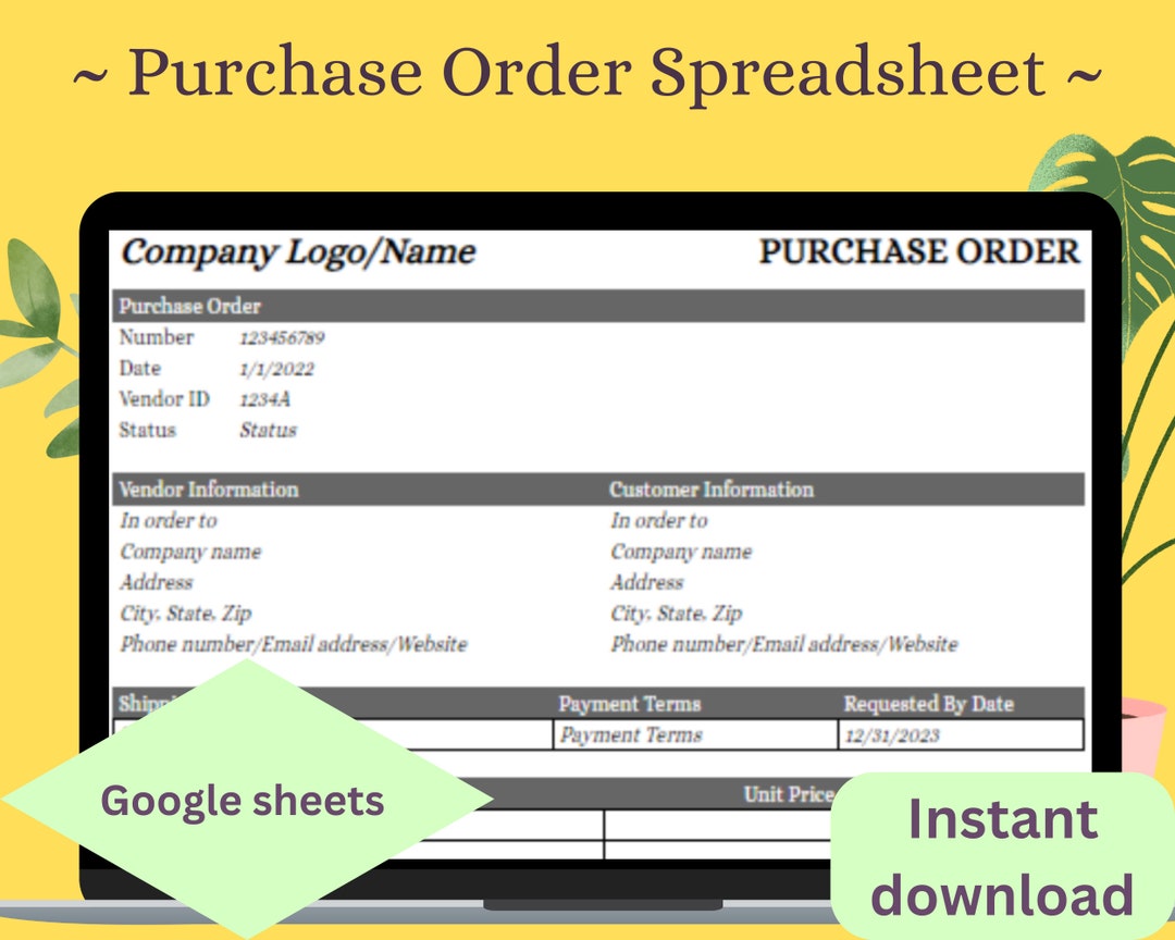 Purchase Order Google Sheet Spreadsheet, Invoice Workpaper, Small ...