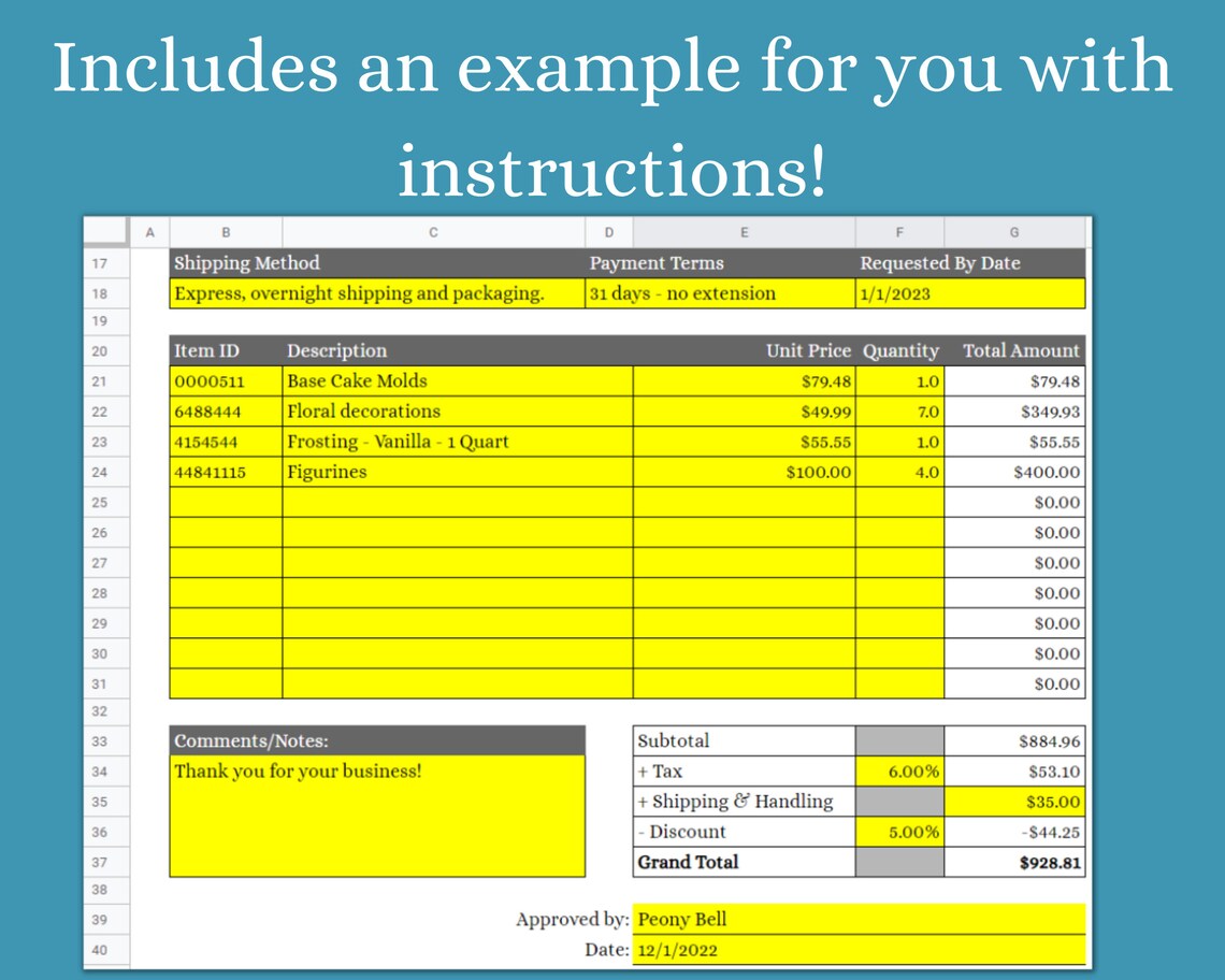 Purchase Order Excel Spreadsheet, Invoice Workpaper, Small Company ...