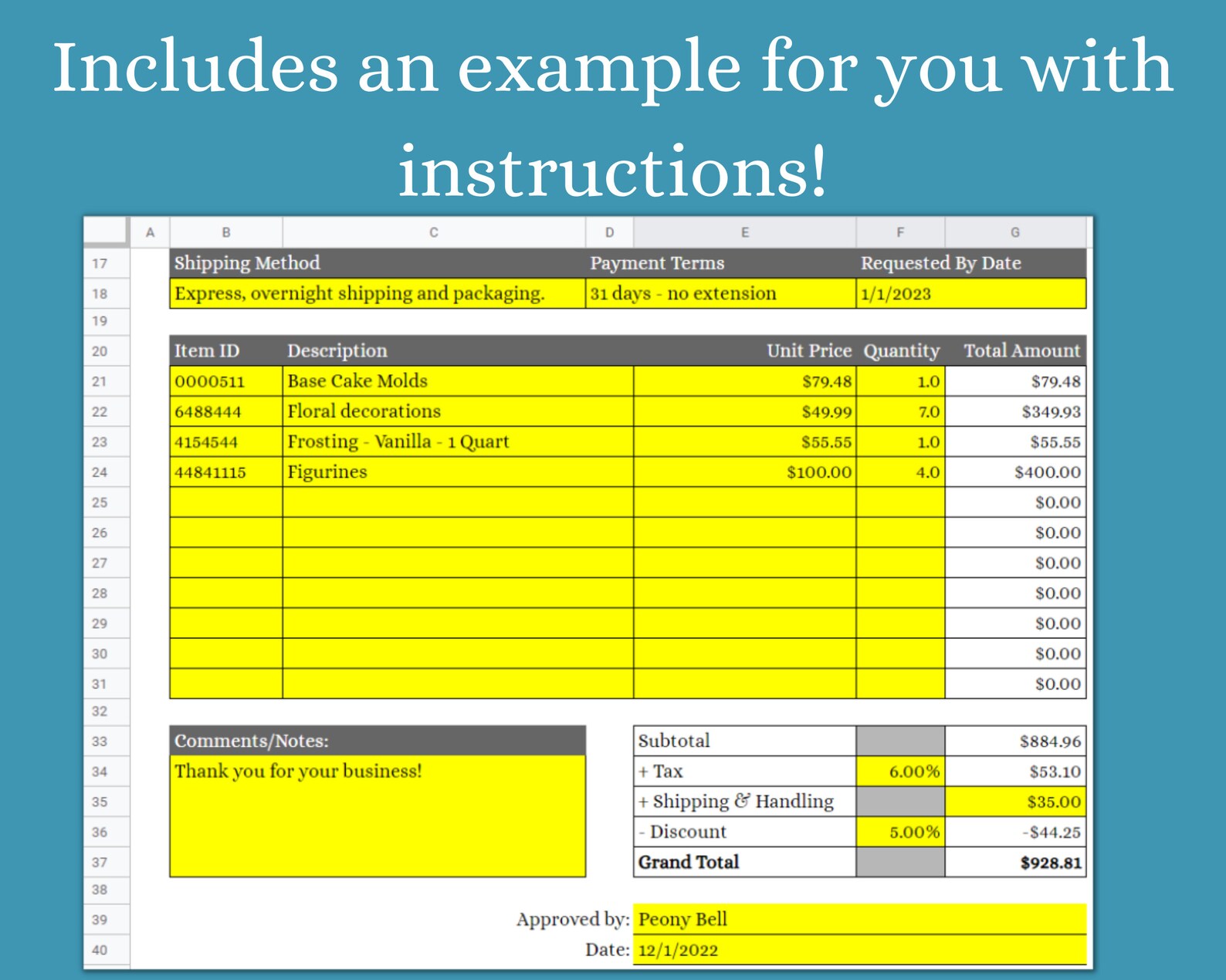 Purchase Order Excel Spreadsheet, Invoice Workpaper, Small Company ...