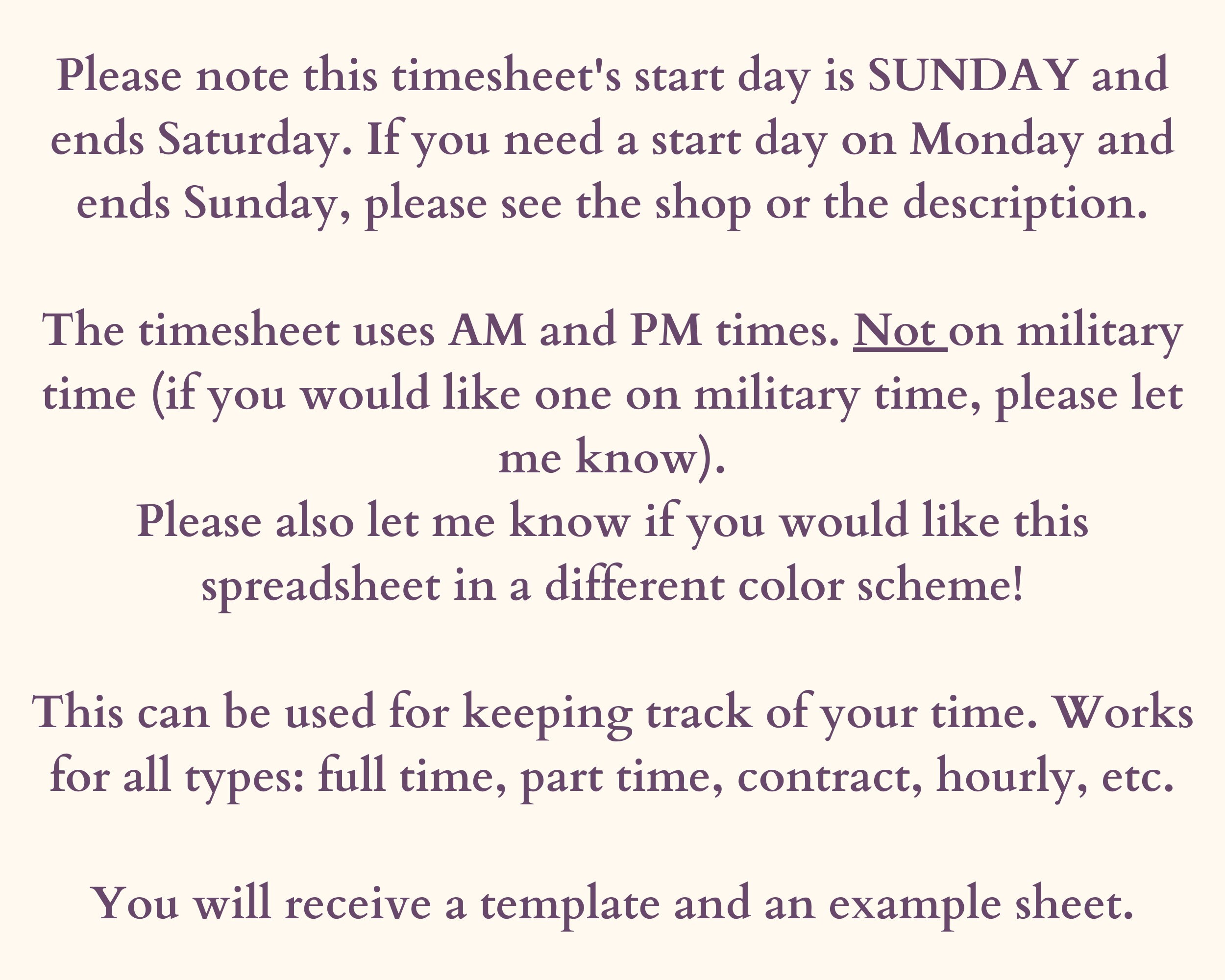 Timesheet Google Spreadsheet Template Sunday Start Weekly - Etsy