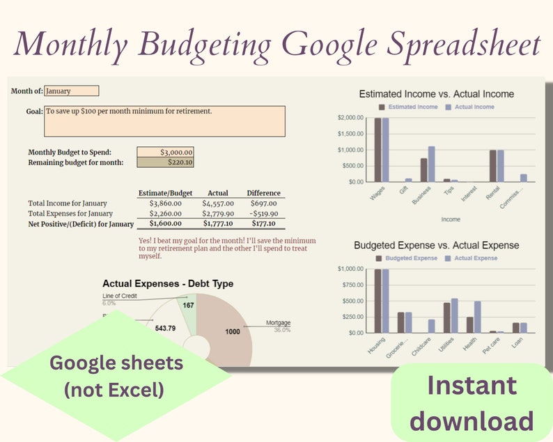 Monthly Budget Spreadsheet Google Sheet Budget Planner - Etsy