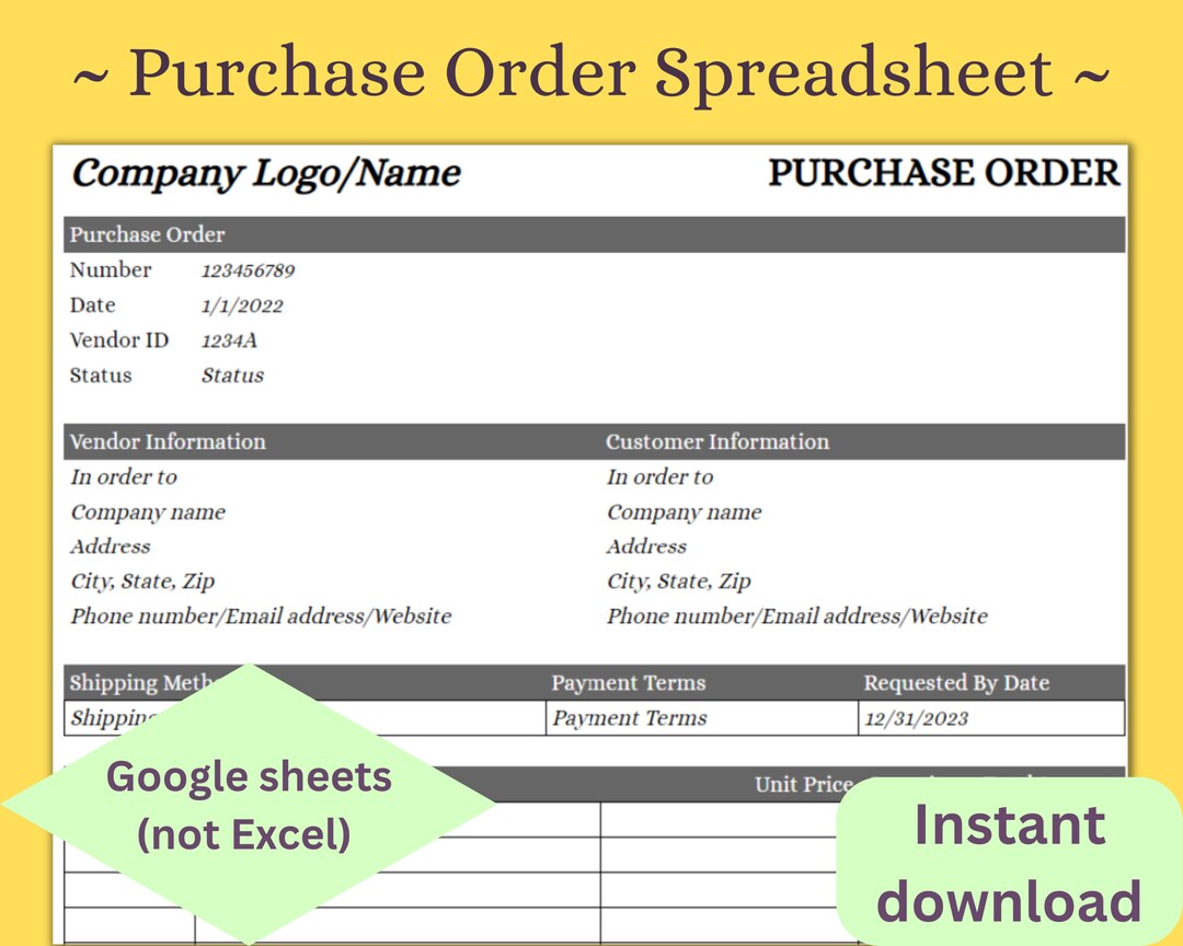 Purchase Order Google Sheet Spreadsheet Invoice Workpaper - Etsy