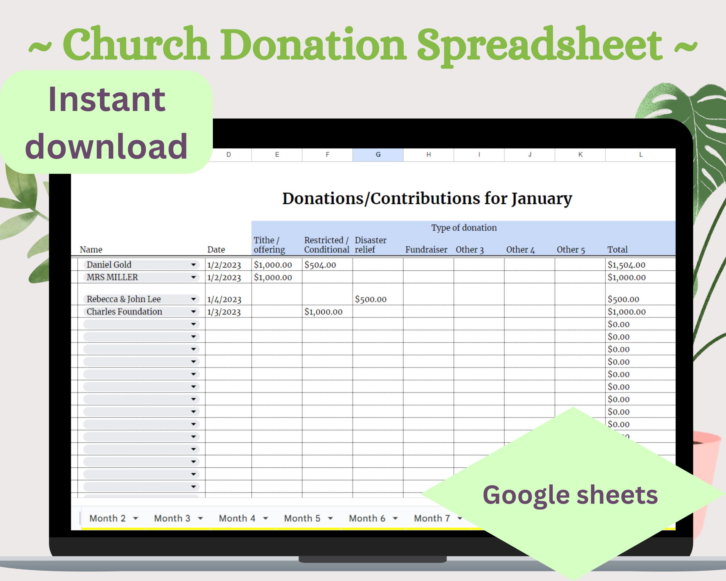 Church Donations Monthly Sheet, Tithe, Google Sheet, Bookkeeping ...