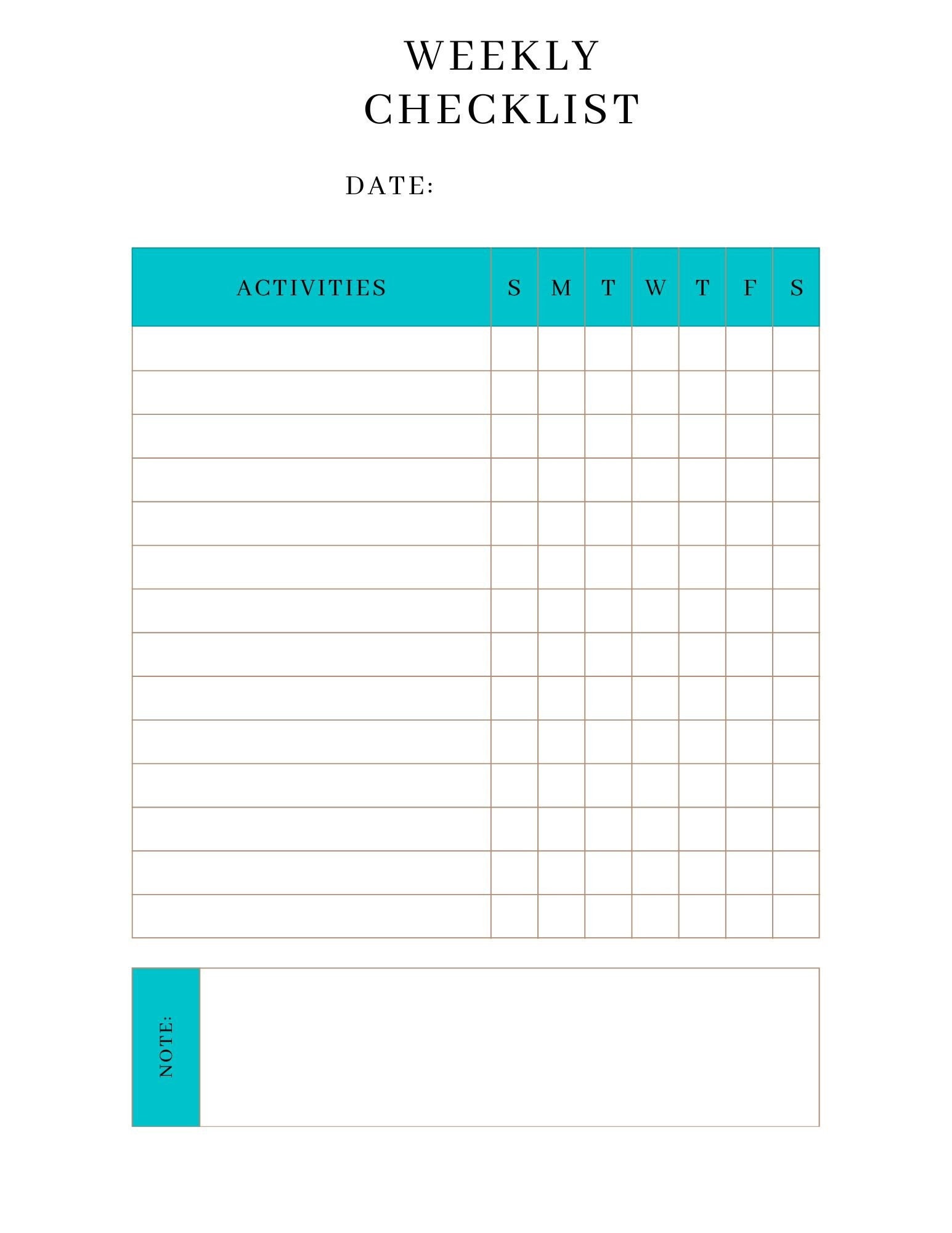 Weekly Checklist Template Instant Downloadable Printable - Etsy