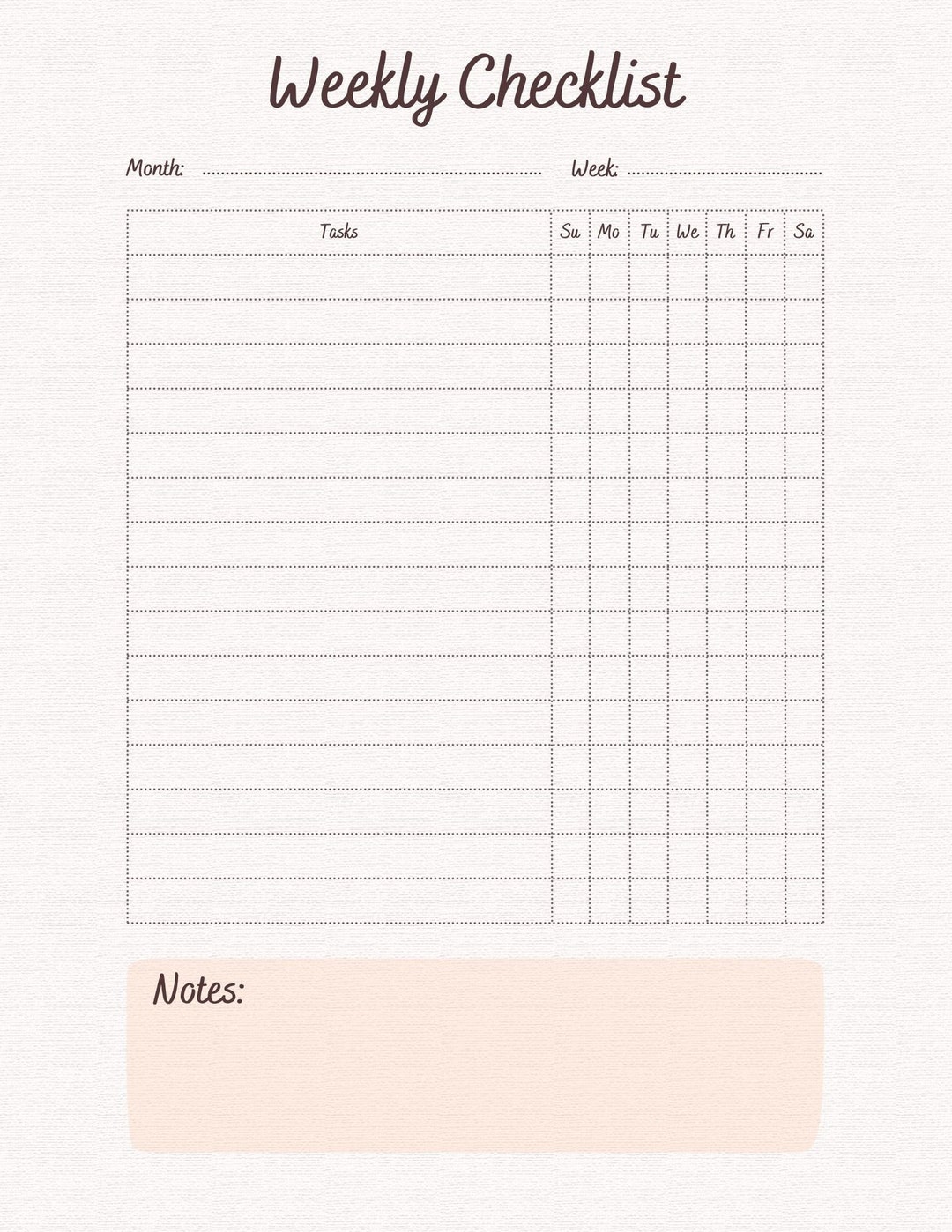 Weekly Checklist Template Instant Downloadable Printable - Etsy