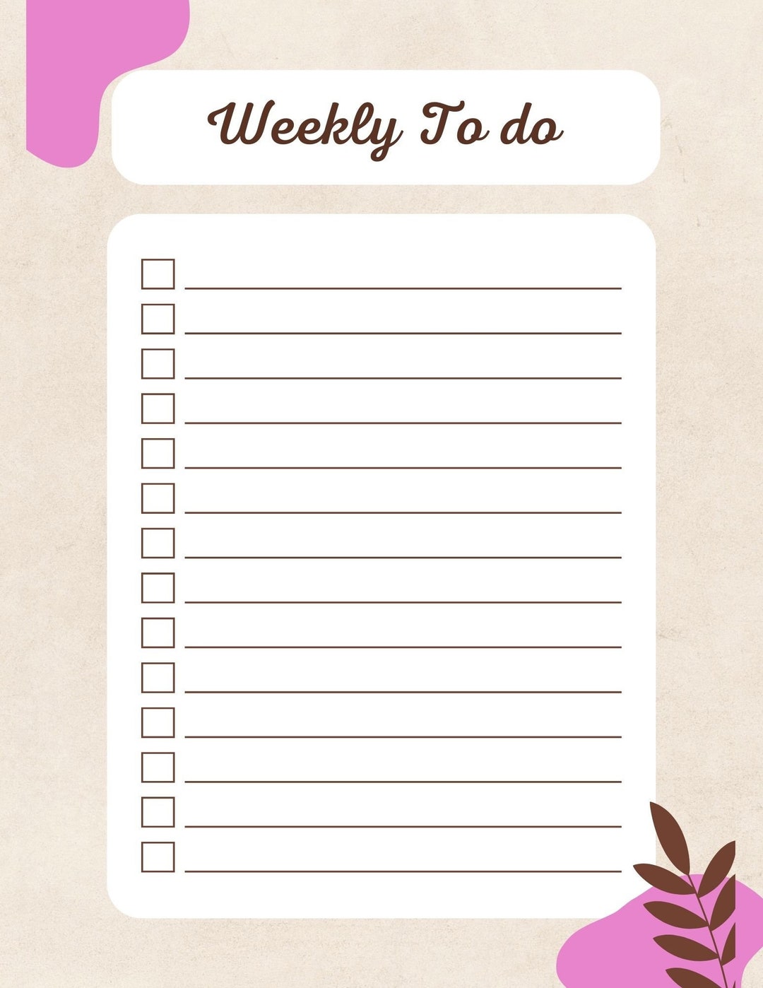 Weekly Checklist Template; Instant Downloadable Printable - Etsy