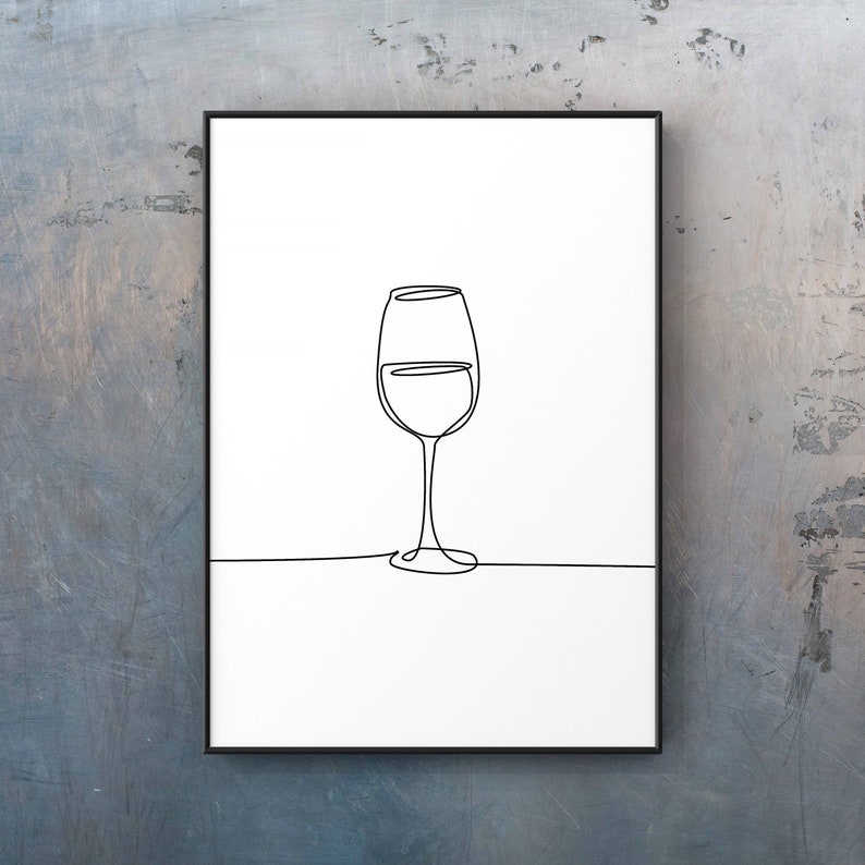 Wine Glass Line Art Print, Minimalist Glass of Wine Print, Whiskey ...