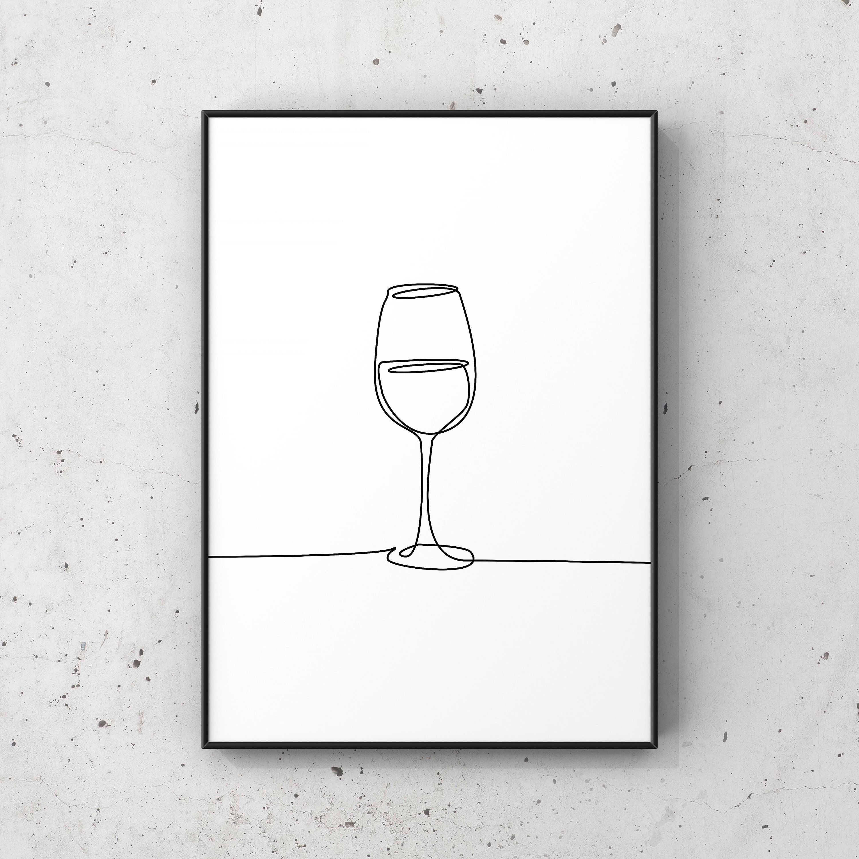 Wine Glass Line Art Print, Minimalist Glass of Wine Print, Whiskey ...