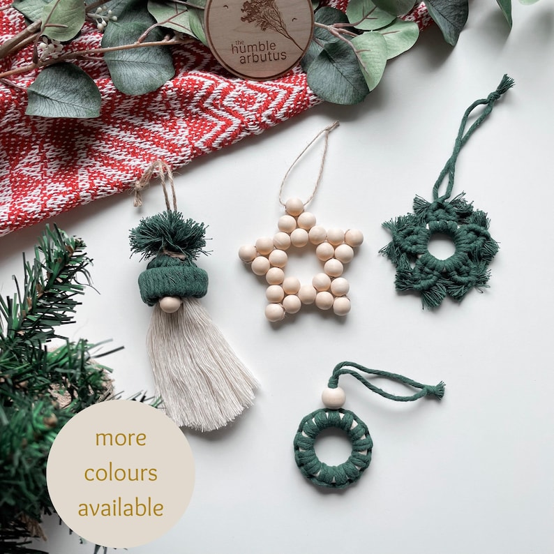 Boho Tree Ornaments Set of 4, Macrame Christmas Decor, Holiday Gnome ...