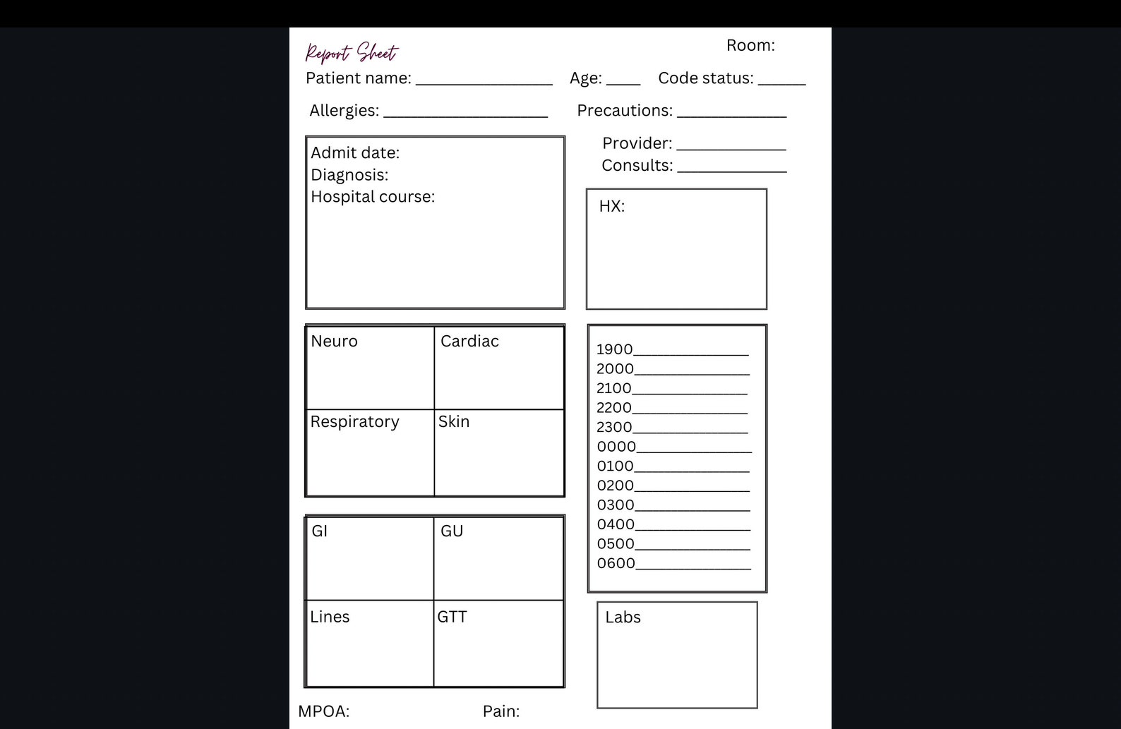 Nursing Report Sheet Dayshift and Nightshift - Etsy