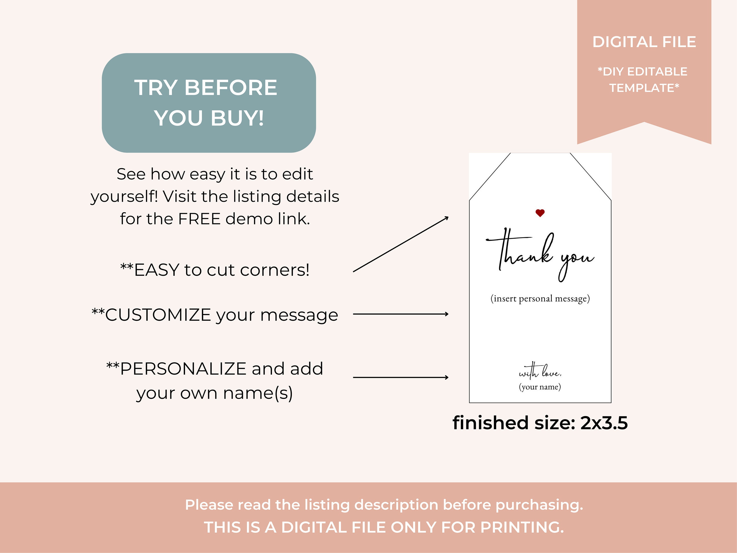 Custom Thank You Favor Tag, DIY Template, Bridal Shower Favors, Wedding ...