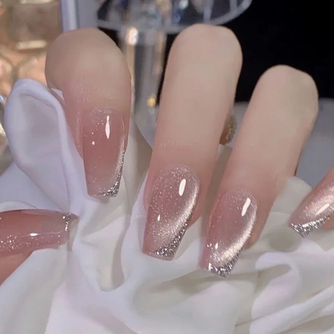 Cat's Eye Fake Nails, Glitter Powder Press Nails, Gradient Nails, High ...