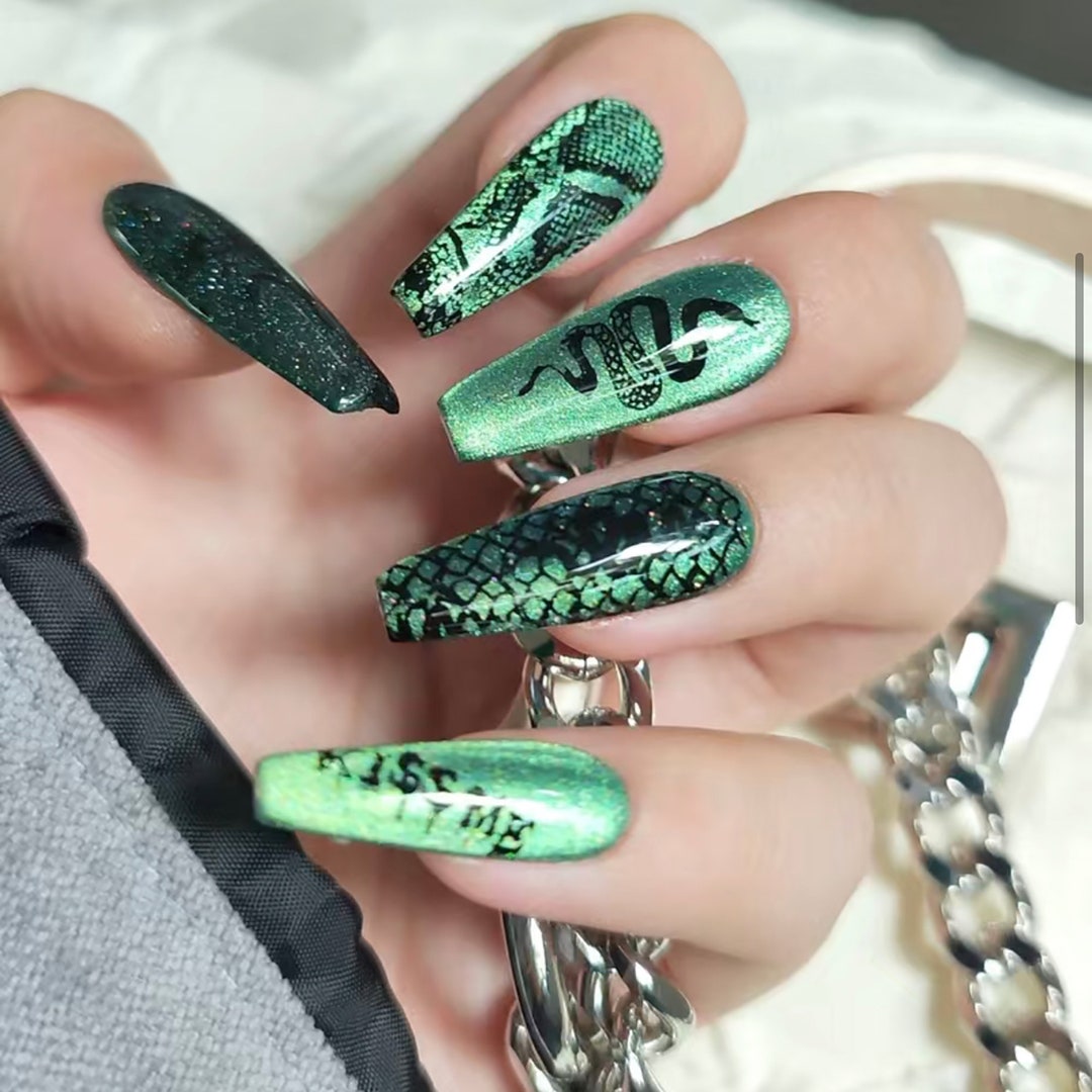 Green Fake Nails, Spirit Snake Press-on Nails, Long Green Nails ...