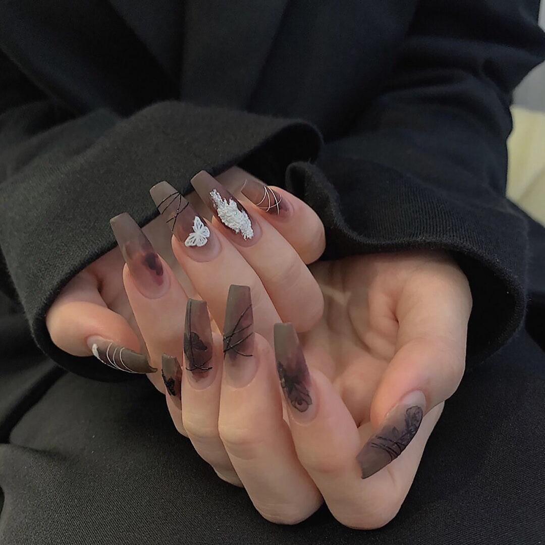 Dark Fake Nails, Frosted Nails, Black Butterfly Nails, Long Nails ...