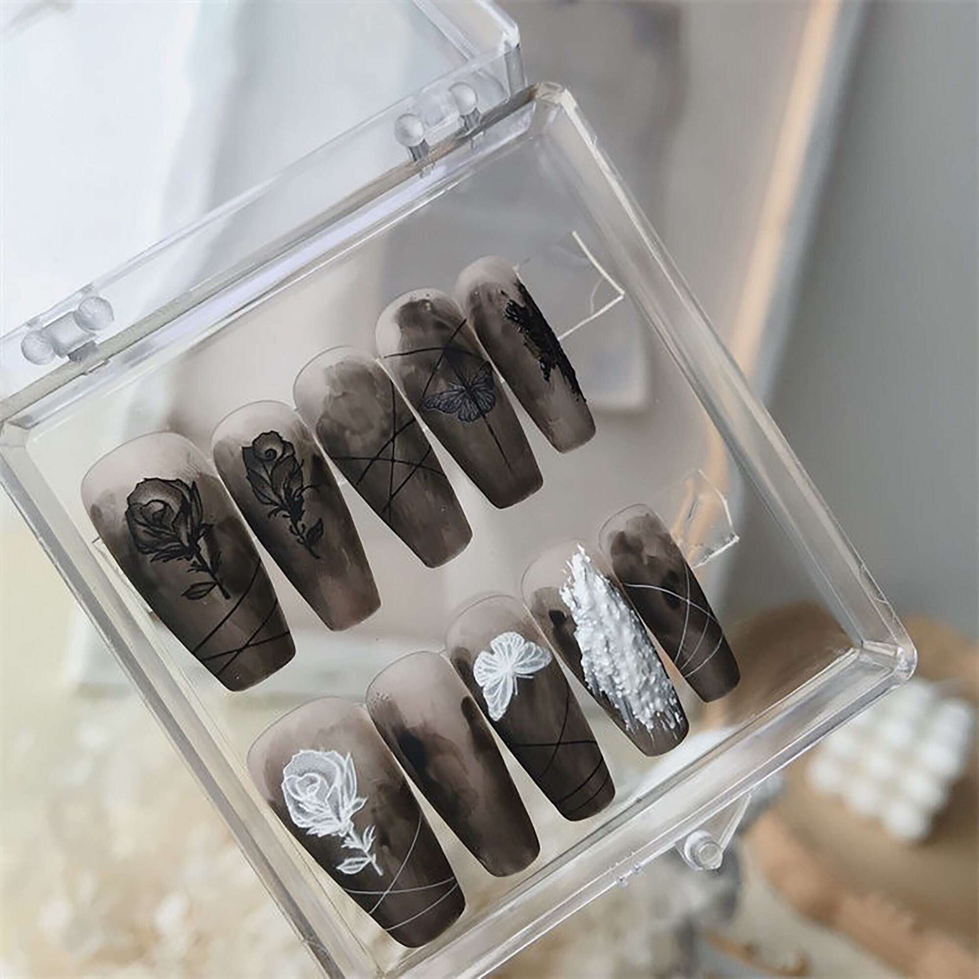 Dark Fake Nails, Frosted Nails, Black Butterfly Nails, Long Nails ...