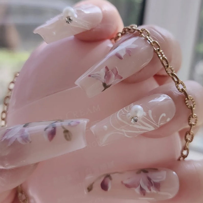 Magnolia Nails, Hand-painted Nails, Floral Nails, Pure Handmade Nails ...