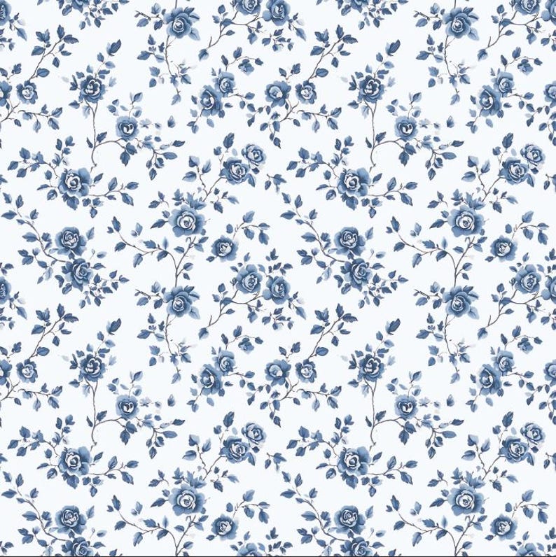 Blue Floral Fabric-rose Blue-100% Cotton Flower Fabric-quilt Fabric-diy ...