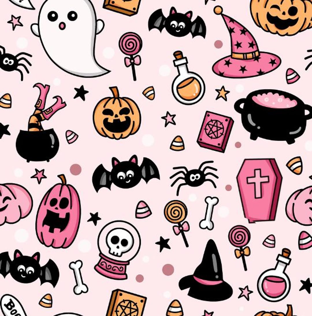 Halloween Fabric, Pink Halloween Pattern, Cute Halloween, Cotton Fabric ...