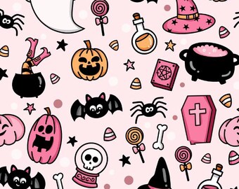 Pink Halloween Pattern Cotton Fabric by the Half Yard - Etsy