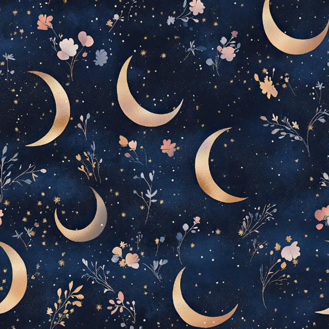 Midsummer Moon Flower Fabric, Summer Night Sky Pattern Fabric, 100% ...