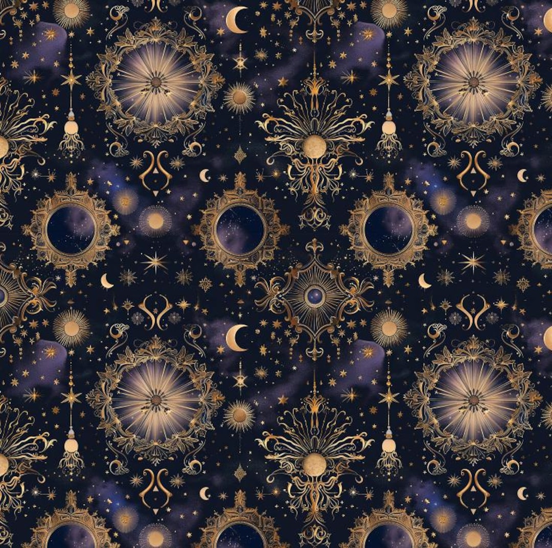 Celestial Motifs Pattern Fabric Night Starry Sky Pattern Mysterious ...