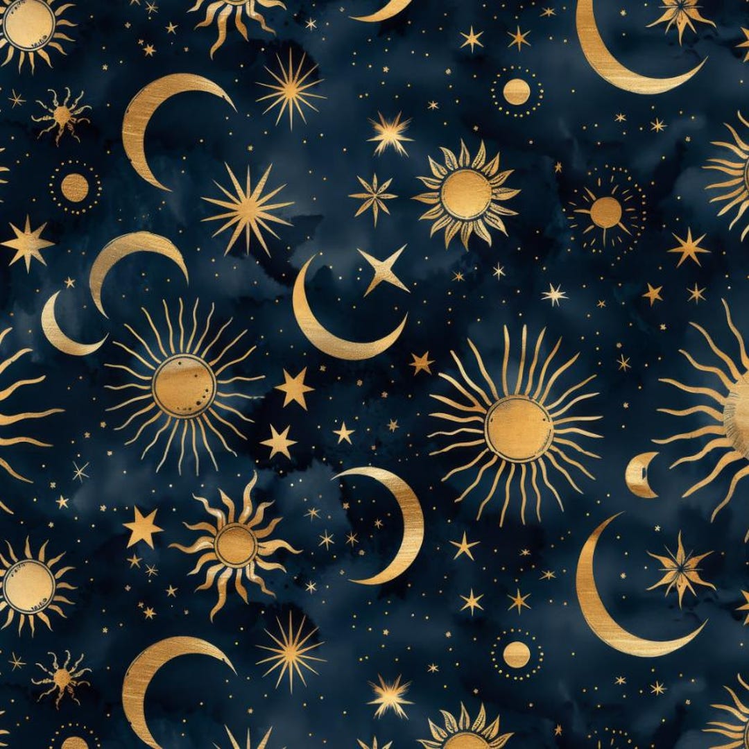 Sun, Moon and Stars Fabric Night Starry Sky Pattern Mysterious Starry ...