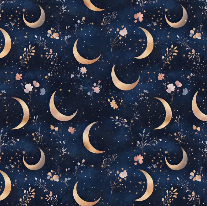 Midsummer Moon Flower Fabric, Summer Night Sky Pattern Fabric, 100% ...
