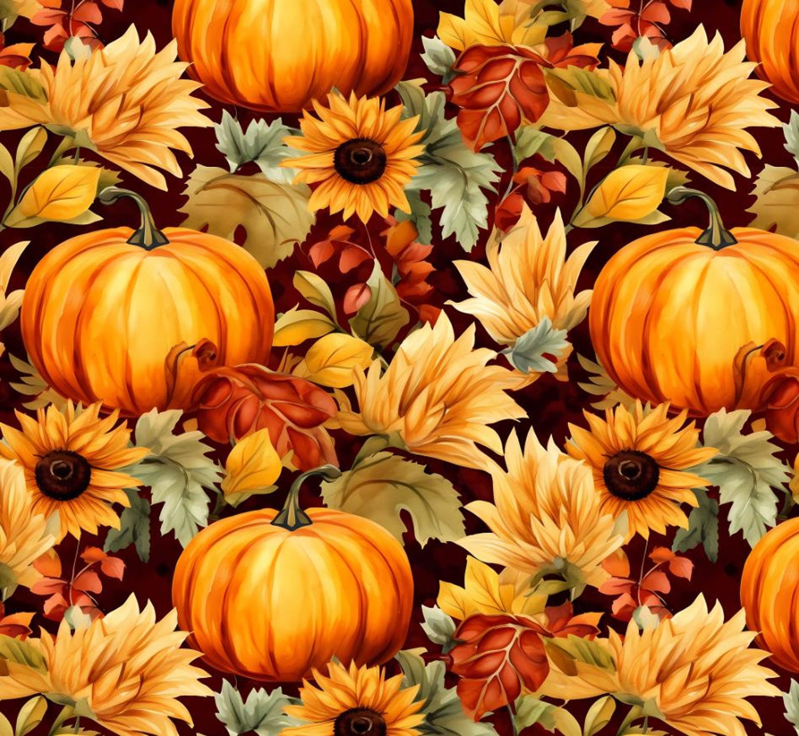 Fall Pumpkin and Sunflower Pattern Fabric Cotton Fabric by the Half ...