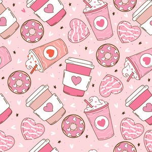 Valentine's Day Hearts With Drink Coffee Pattern Cotton Fabric by the ...