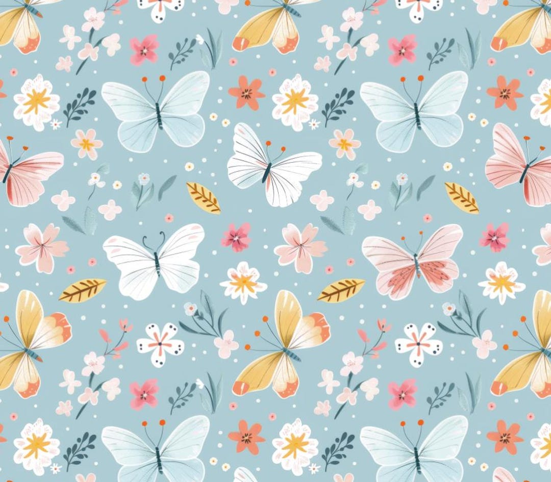 Spring Butterflies and Floral Fresh Pattern Pure Cotton Fabric Sold by ...