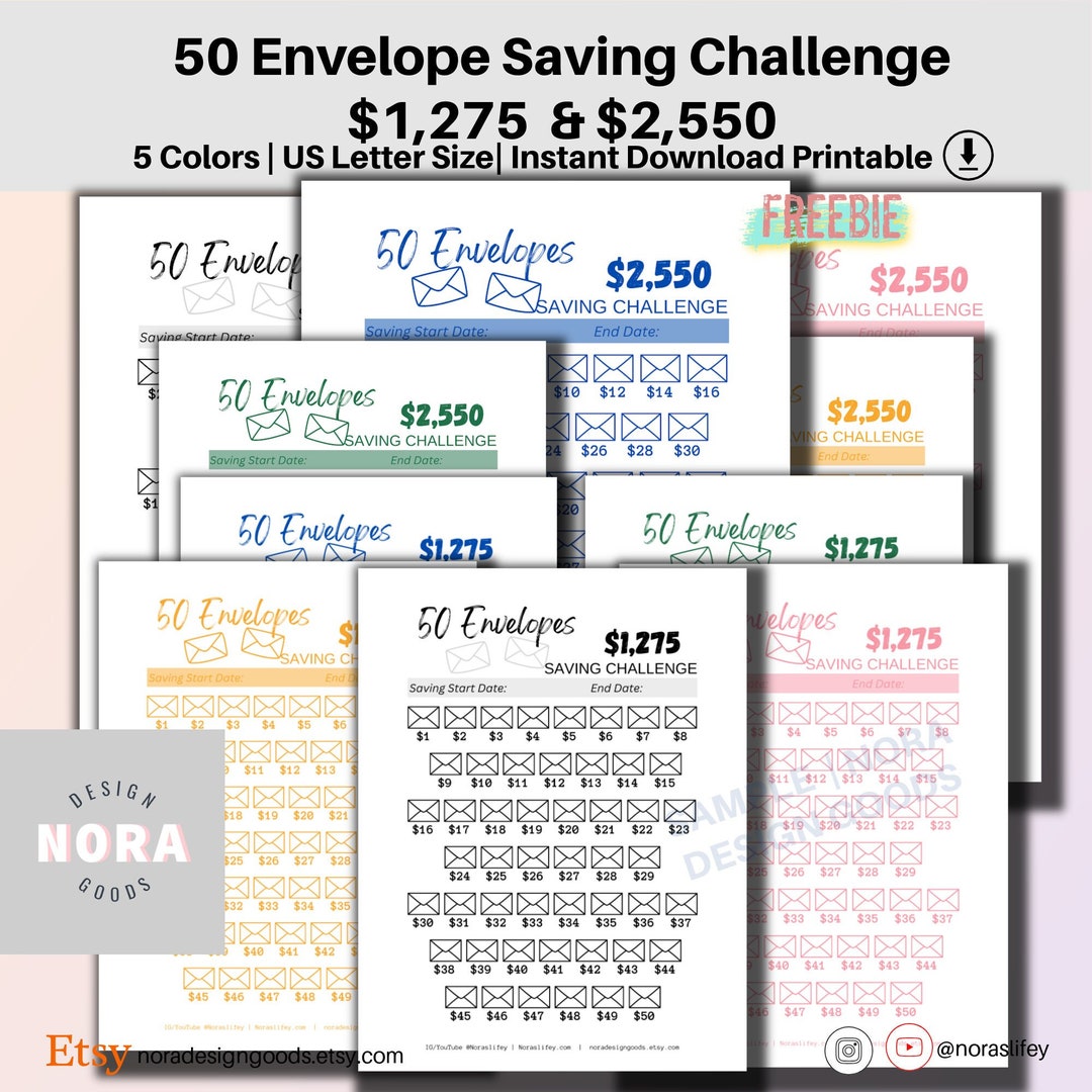 50 Envelopes Saving Challenge Printable |5 Colors 1,275 2,550 Dollars ...