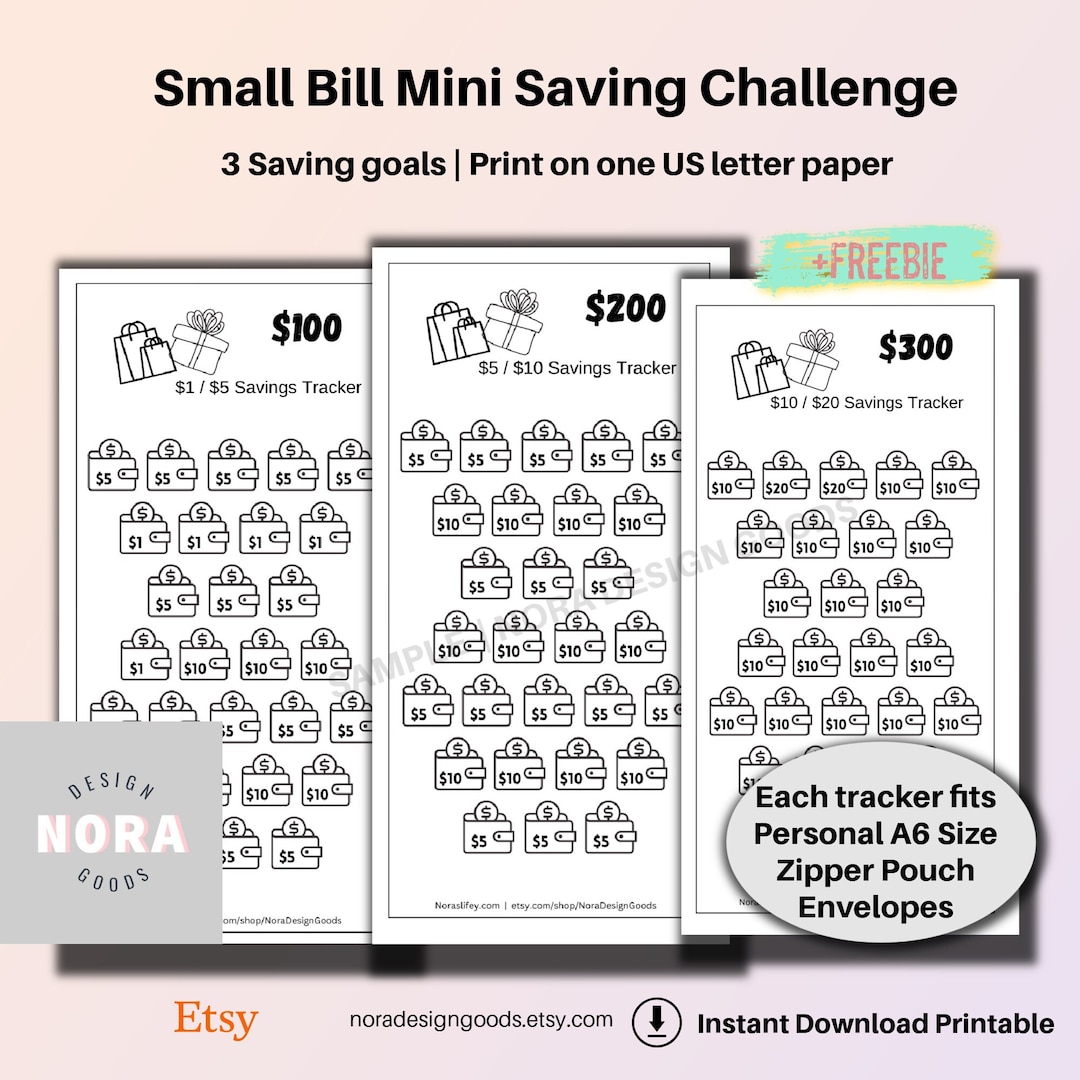 Small Bills Saving Challenge Printable PDF/100/200/300 Kids Friendly ...