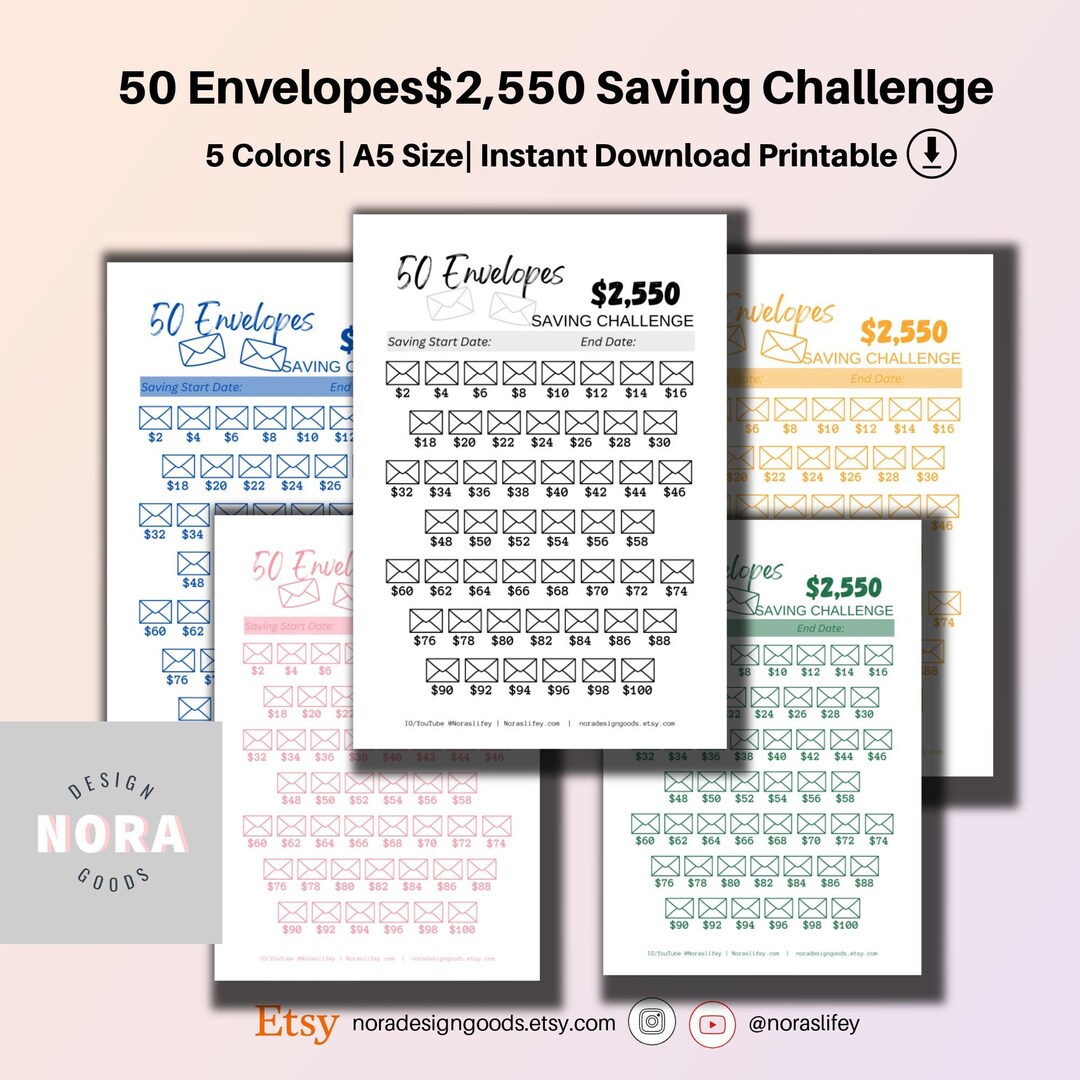50 Envelopes Saving Challenge Printable 5 Colors 2550 - Etsy