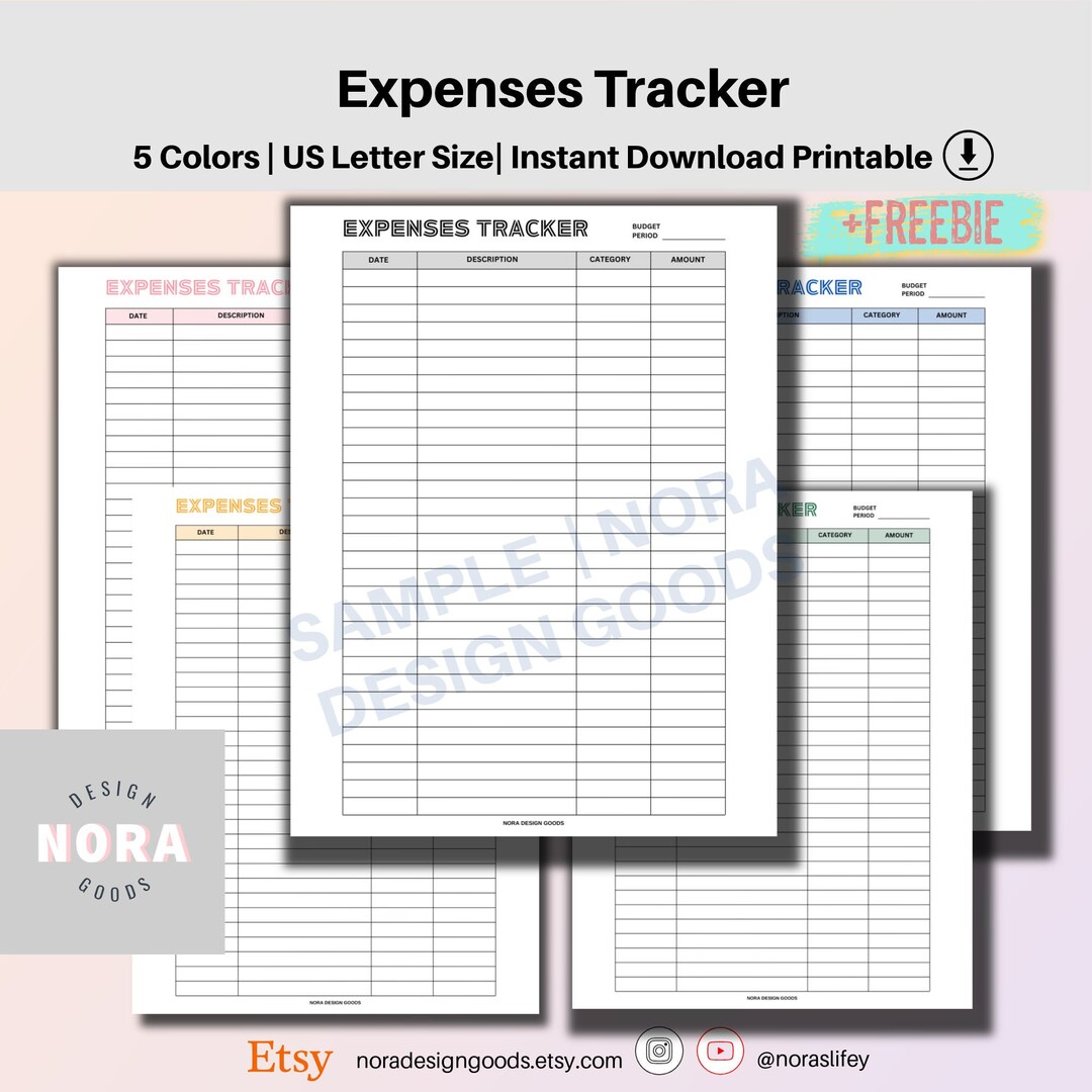 Expenses Tracker Printable: Monthly Budget Planner, 5 Colors (US Letter ...