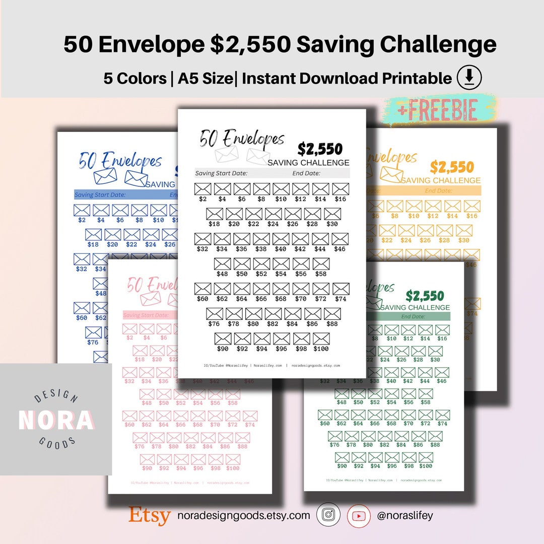50 Envelopes Saving Challenge Printable |5 Colors 2,550 Dollars|saving ...