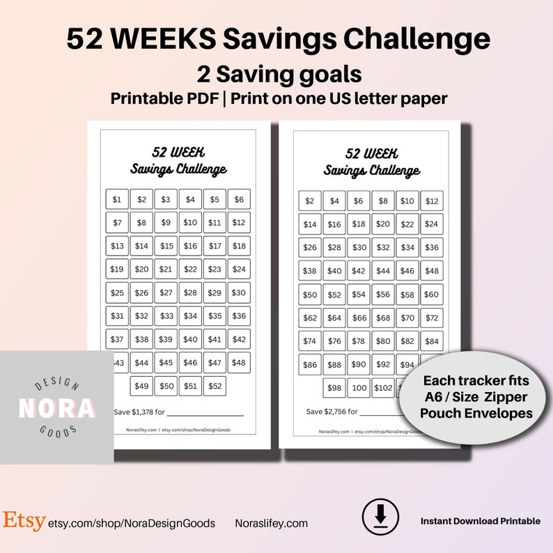 52 Week Saving Challenge Printable PDF Save 1378/ 2756/ - Etsy