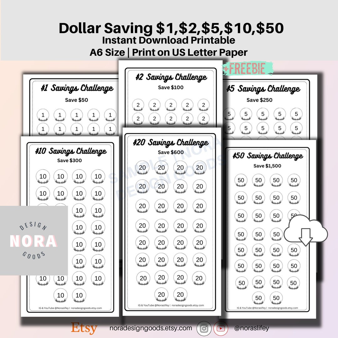 Dollar Saving Challenge Printable: A6 Cash Envelope Inserts (PDF ...