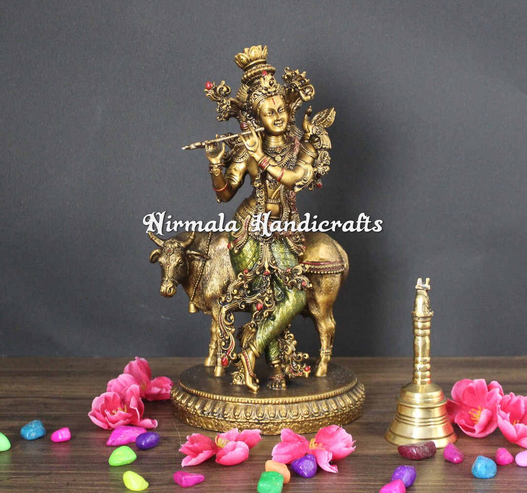 Krishna Playing Flute Standing With Cow Statue God of Love Krishna With ...