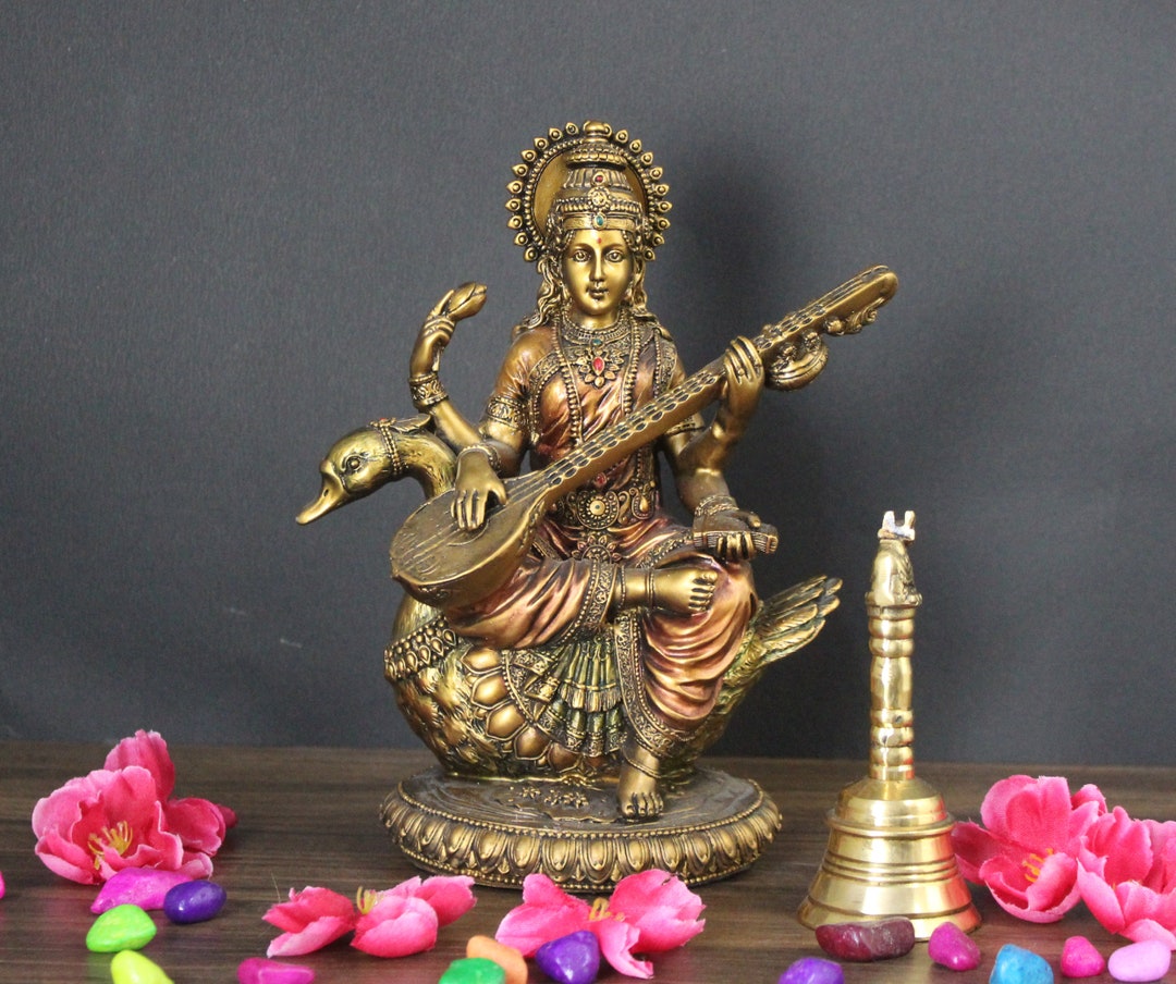 Saraswati Statue,20cm Copper Finish Goddess Saraswati on Swan Hindu ...