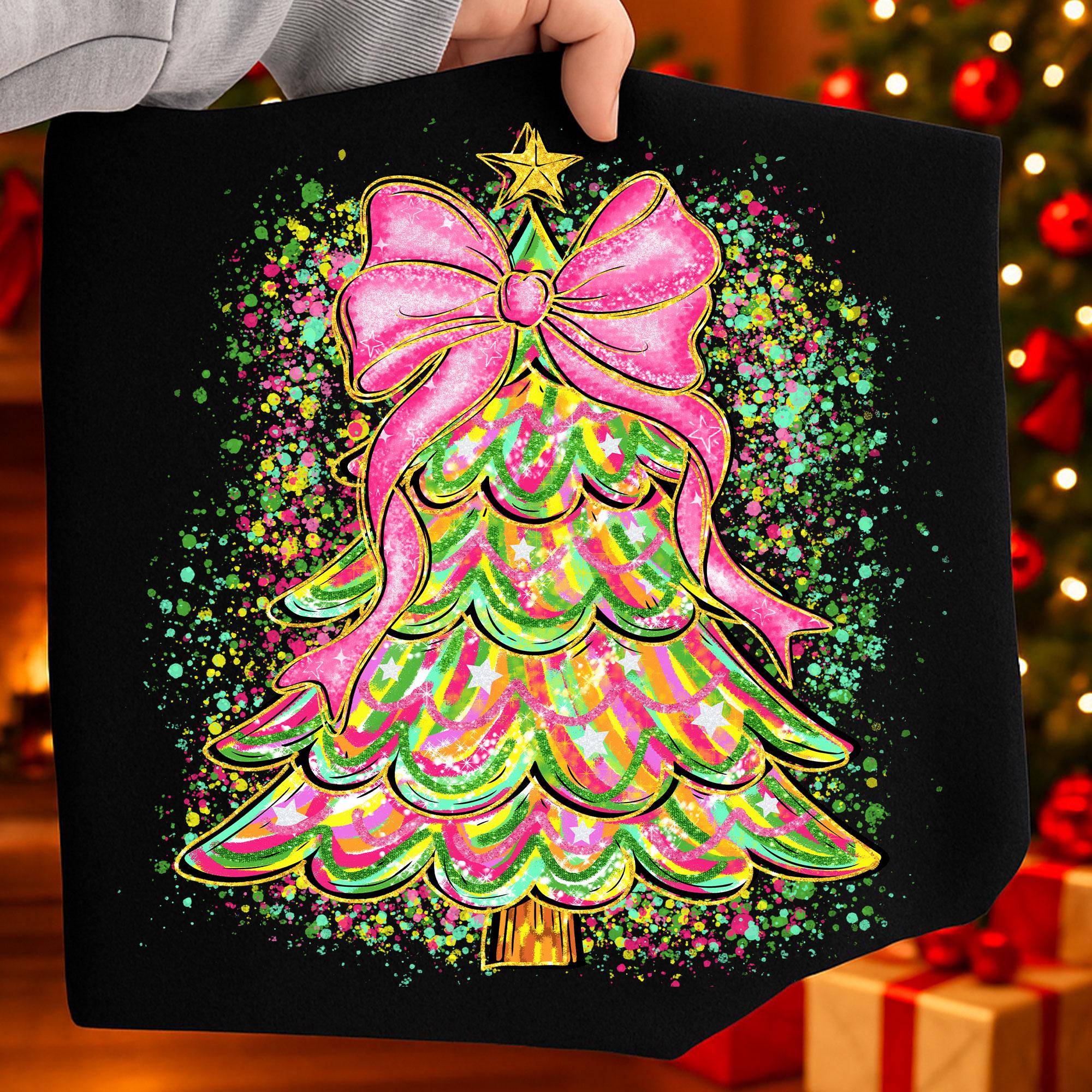 Splatter Paint Christmas Tree PNG: Coquette Bow, Festive Xmas (digital ...