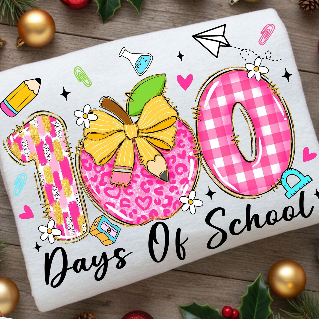 Preppy 100 Days of School PNG: Pink Apple School Png, Leopard Gingham ...