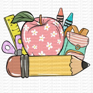 Personalized Back to School Png for Girl, Cute Pencil Apple Crayon ...