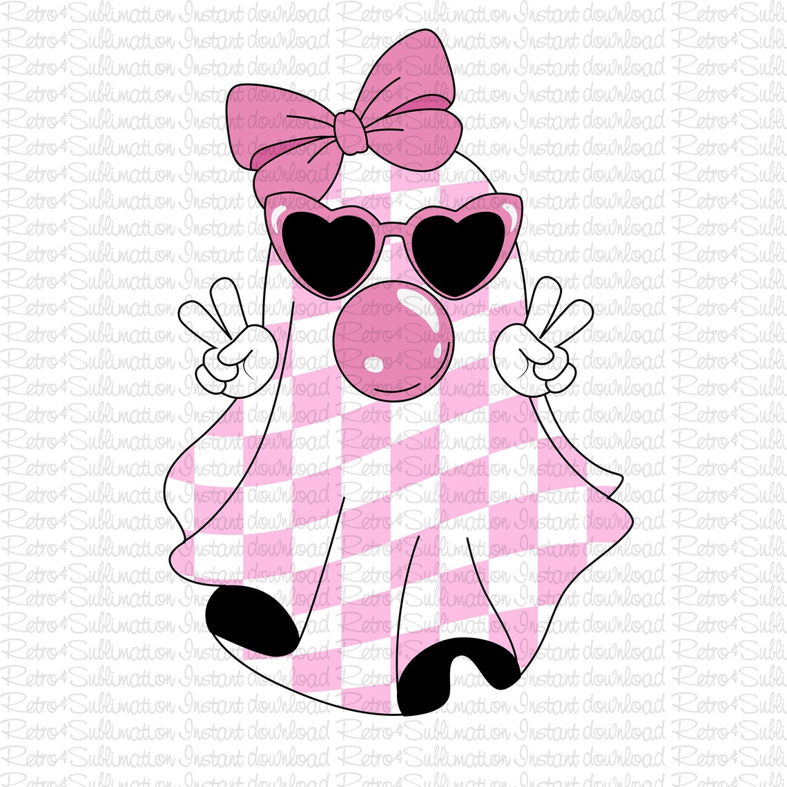 Cute Girly Ghost Blowing Bubble Svg, Checkered Ghost Bow Svg, Cute ...