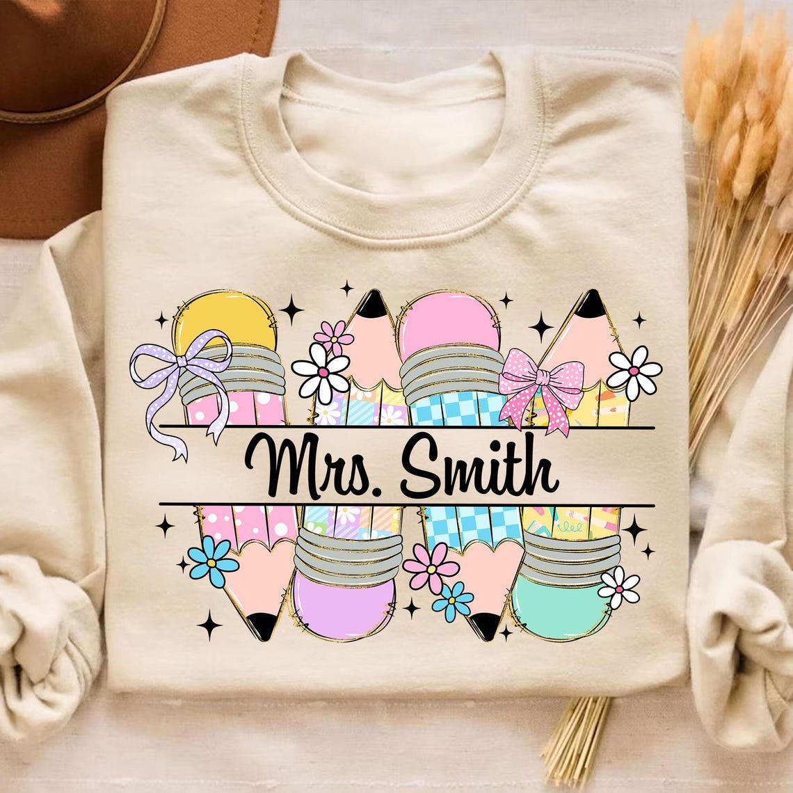 Personalized Teacher Pencil Png, Cute Pencils With Bows Flowers Png ...