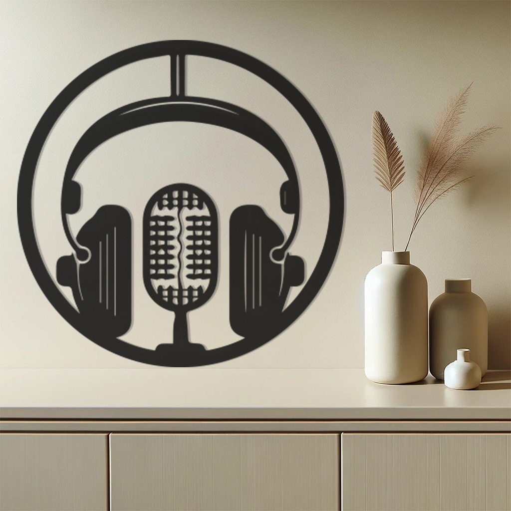 Podcast Microphone Wall Decoration, Earphone Accent, Metal Music Design ...