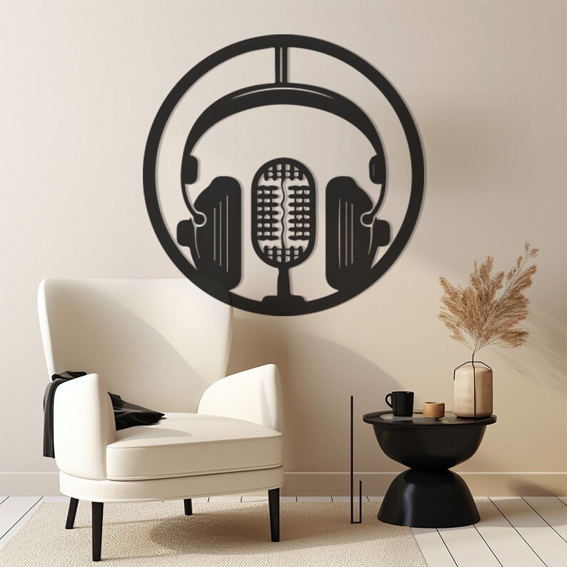 Podcast Microphone Wall Decoration, Earphone Accent, Metal Music Design ...