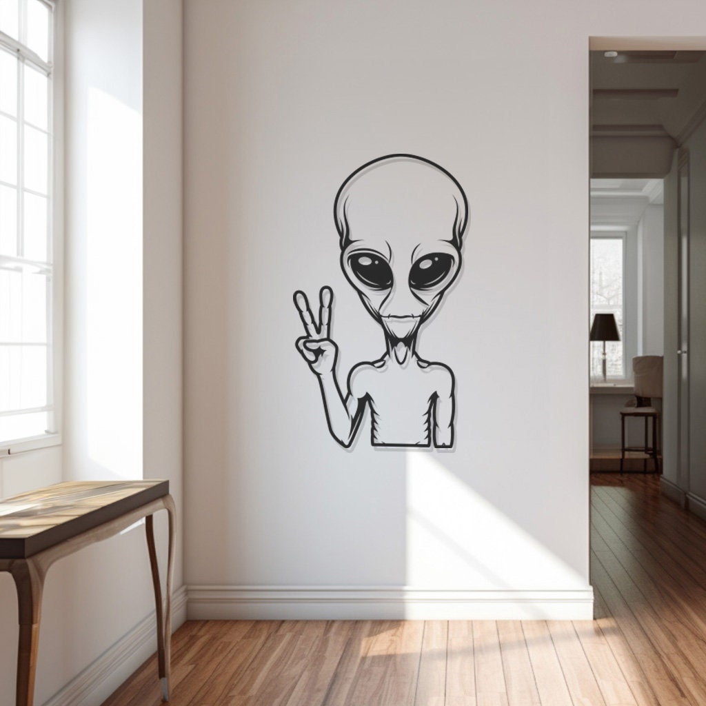 Alien Design Metal Wall Art, Peace Sign Alien Decor, Extraterrestrial ...