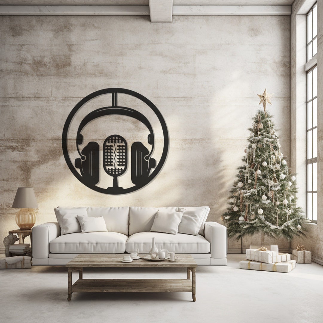 Podcast Microphone Wall Decoration, Earphone Accent, Metal Music Design ...