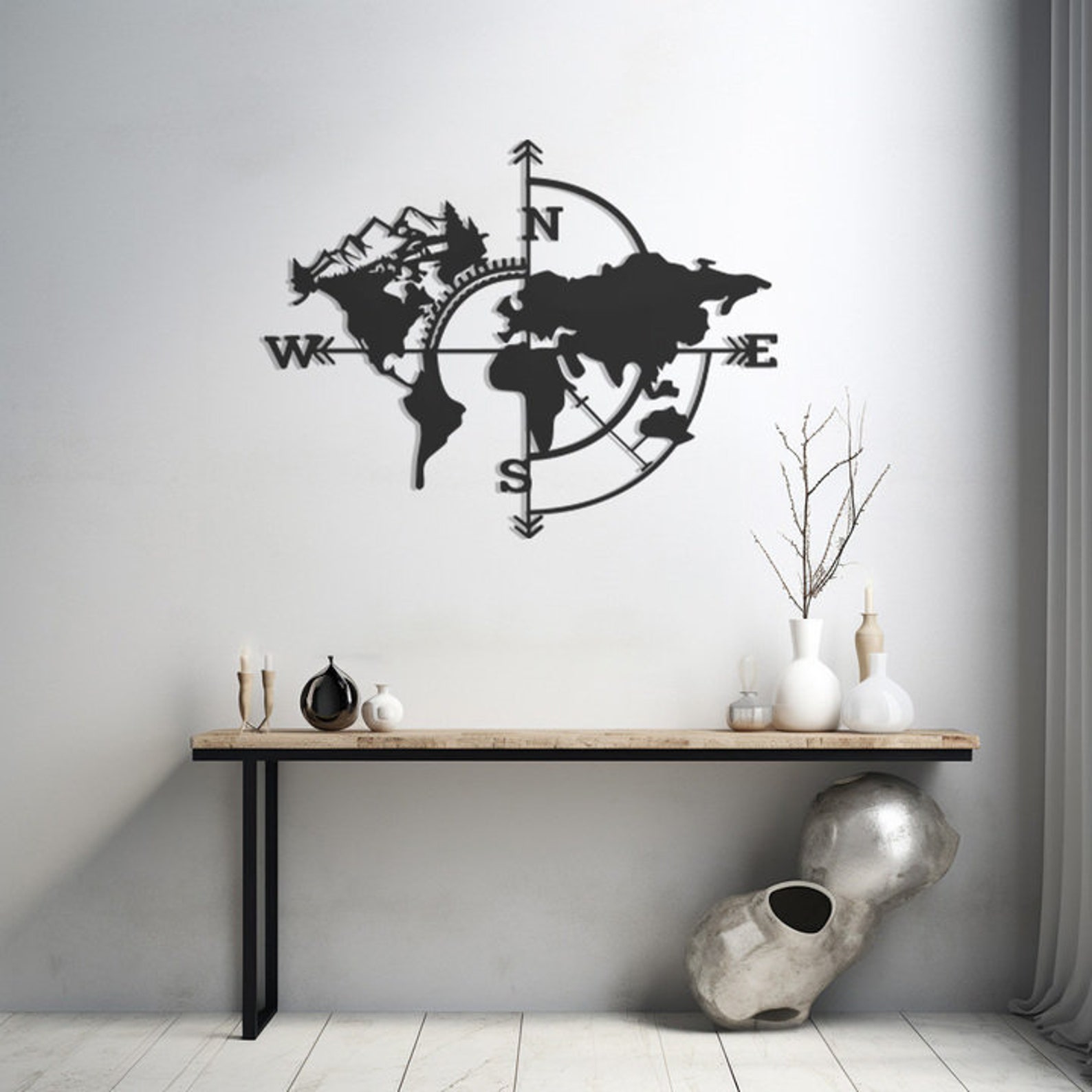 Metal World Map Wall Art With Compass: Travel Decor - Etsy